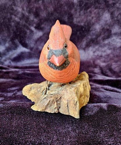 Wood Carved cardinal on driftwood base, handpainted. Signed B & P ...