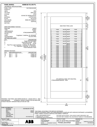400A Main Breaker Panelboard ABB RQ 208Y/120 - 240 Delta N3R 66 Circuit ...