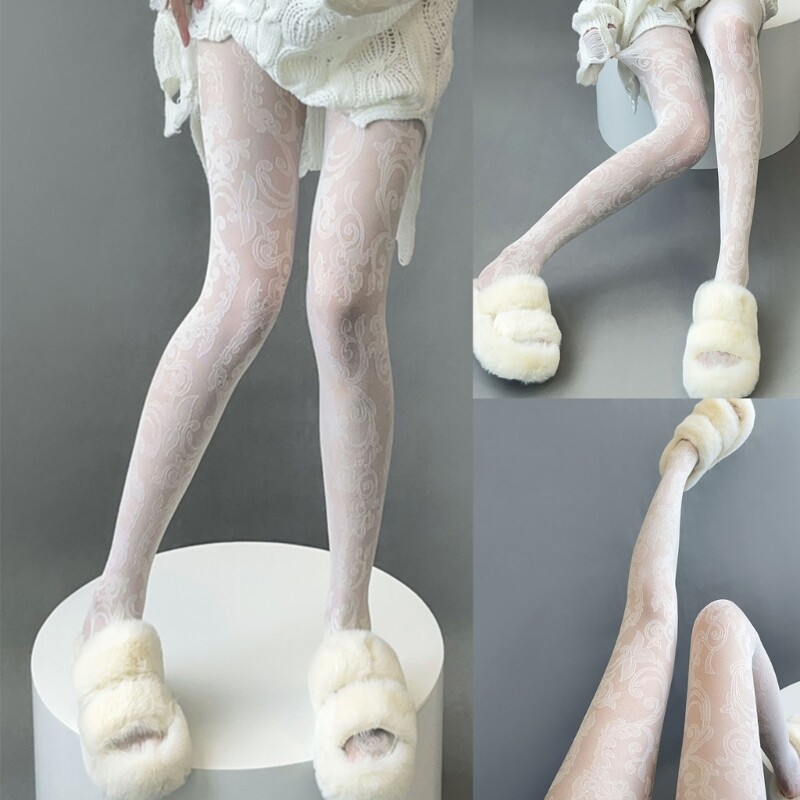 Women Floral Pattern Sheer Tights French Style Vintage White Pantyhose ...