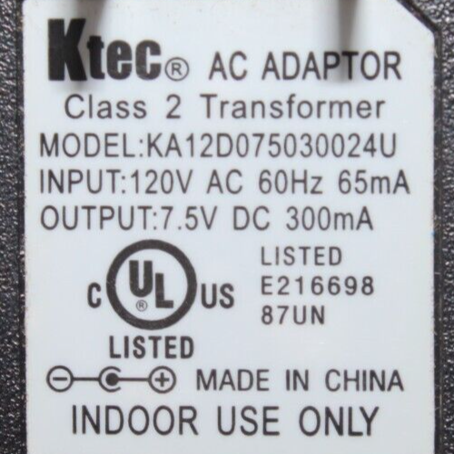 Ktec KA12D075030024U AC Power Supply Adapter Charger Cord Output 7.5V ...