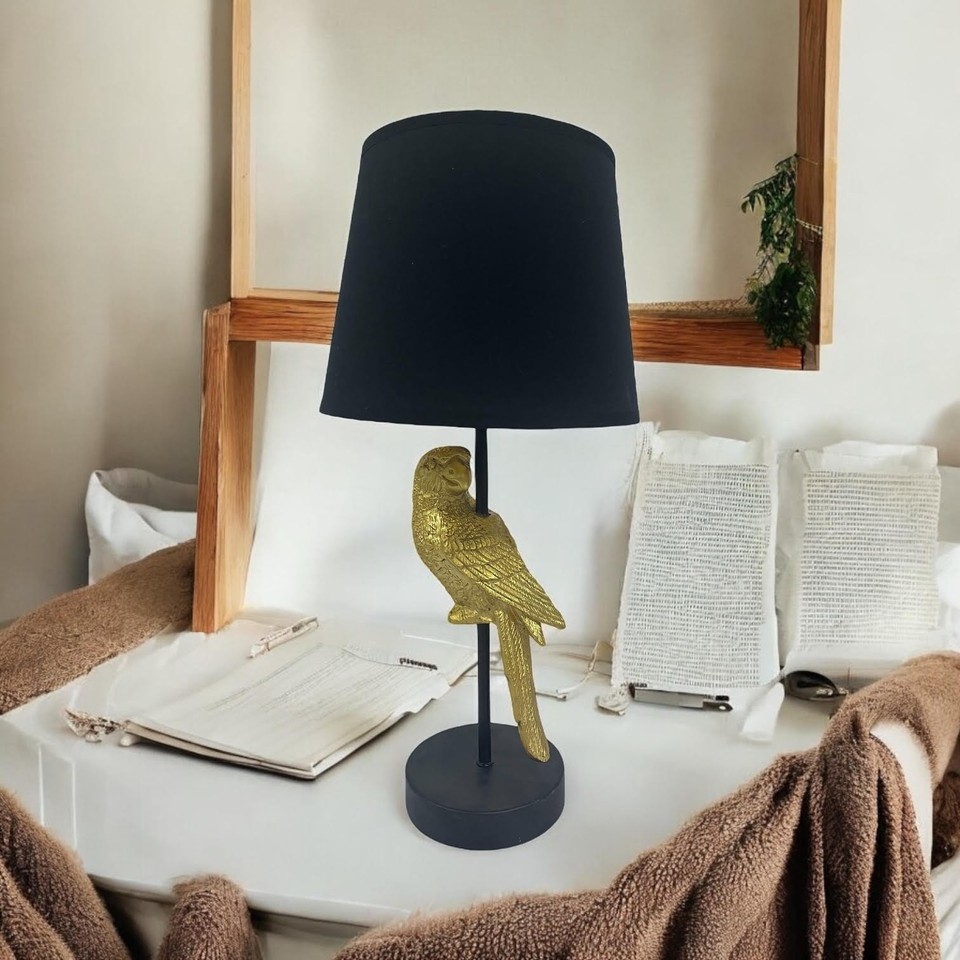 47cm Gold Parrot Table Lamp Light w/ Black Shade & Gold Inner E27 60w ...