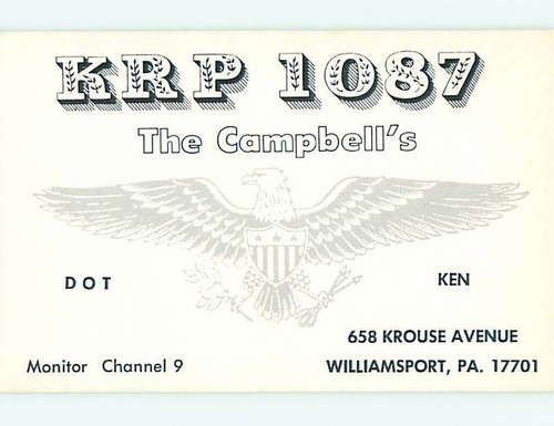 patriotic EAGLE BIRD - QSL CB HAM RADIO CARD Williamsport Pennsylvania ...