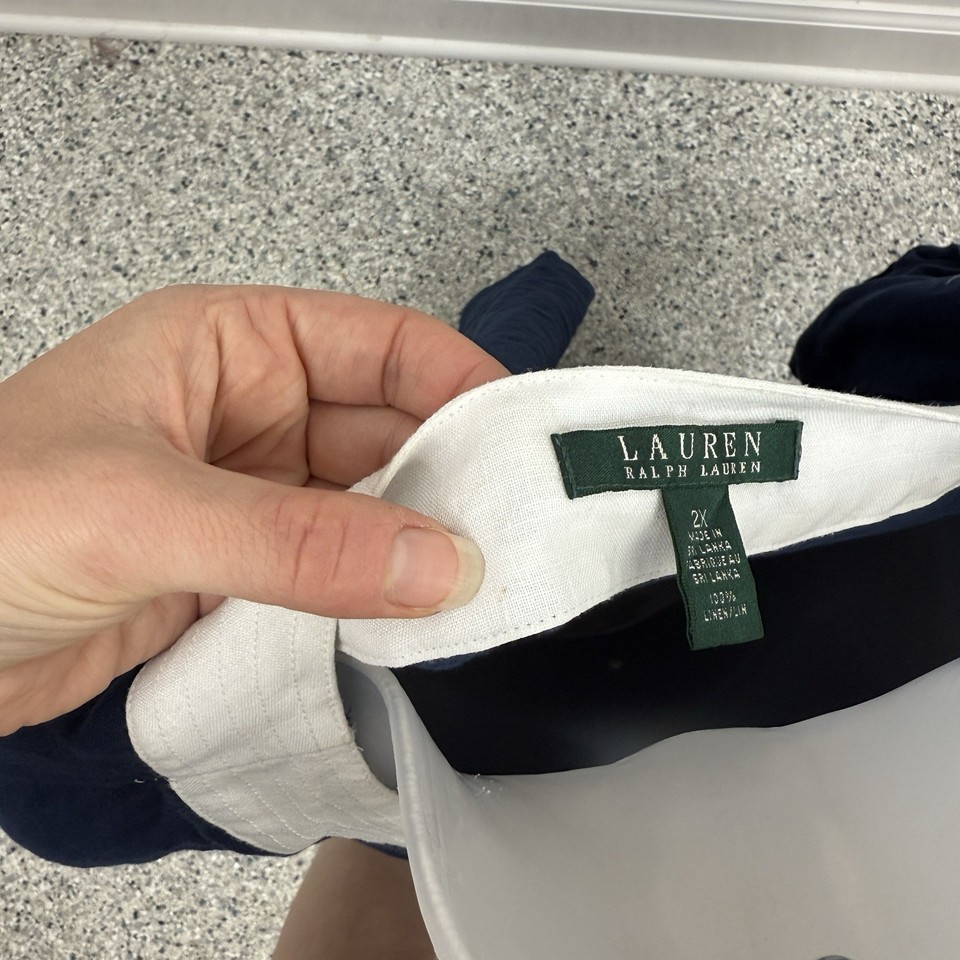 Lauren Ralph Lauren Top Womens 2X Navy 100% Linen Lagenlook Roll Tab ...