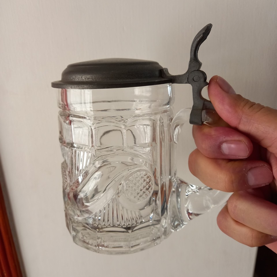 German Glass Pewter Beer Mug Stein Vintage Lid Decorated Brand/Prost ...