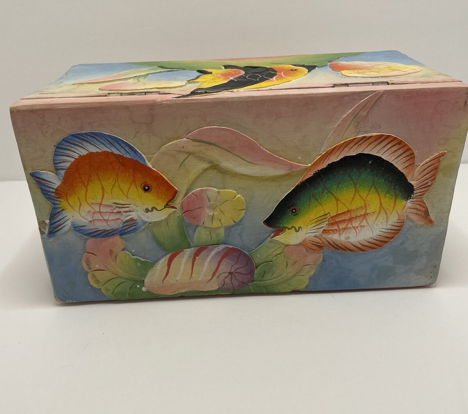 VTG Hand Carved & Painted Wooden Trinket Box Pink Pastel Fish | eBay