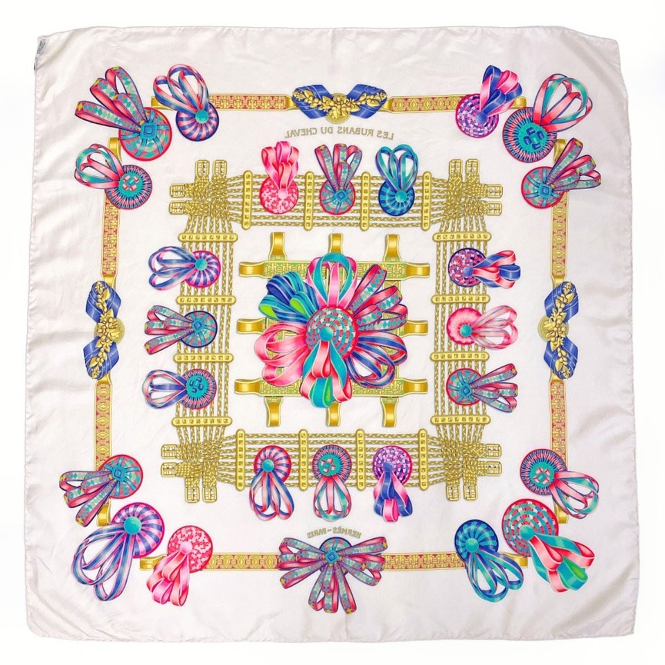 HERMES KARE 90 LES RUBANS DU CHEVAL Silk Square Scarf White authentic ...