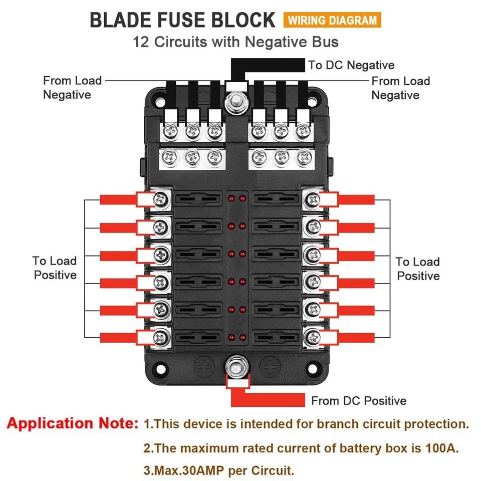 12-Way Blade Box Fuse Block Marine FuseBox Auto Holder 12V Bus Bar 32V ...