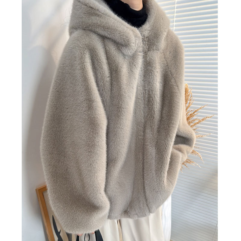 Women Imitation Mink Fur Coat Winter Hooded Loose Fit Outwear Warm ...