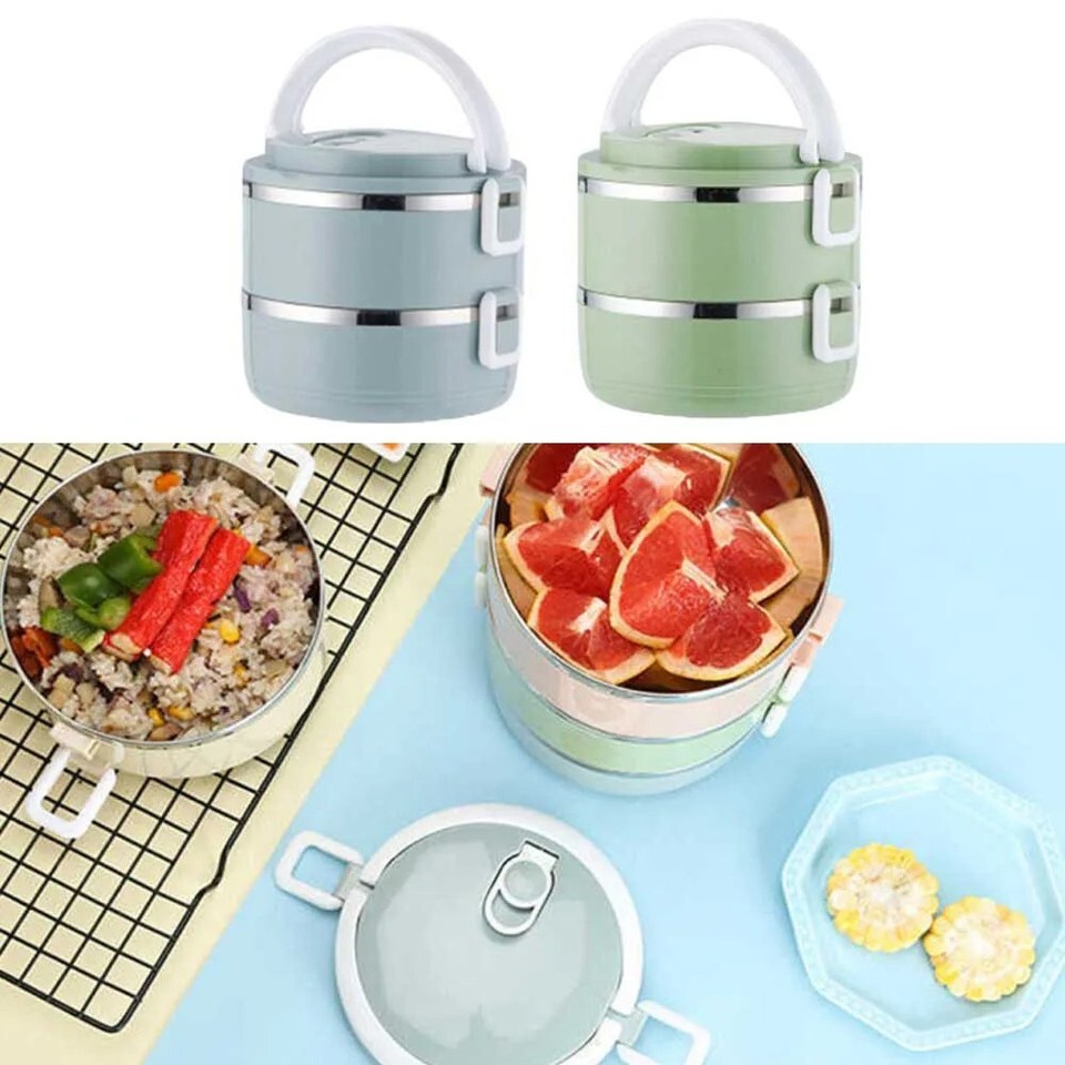 2 Tier Stainless Steel Insulated Lunch Box Container Thermos Soup and ...
