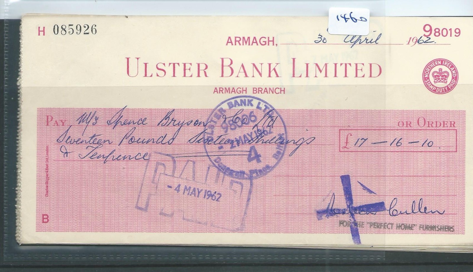 CHEQUE - CH1460 - USED -1962 - ULSTER BANK, ARMAGH | eBay UK