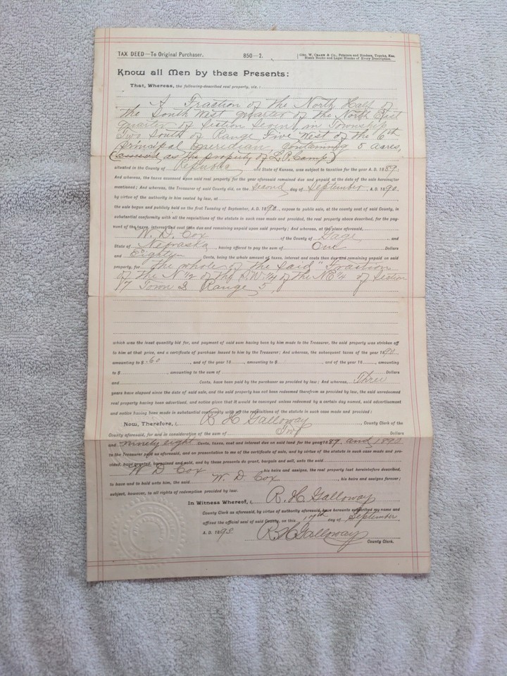 1893 Tax Deed Parcel Land 1890s Gage County Nebraska | eBay
