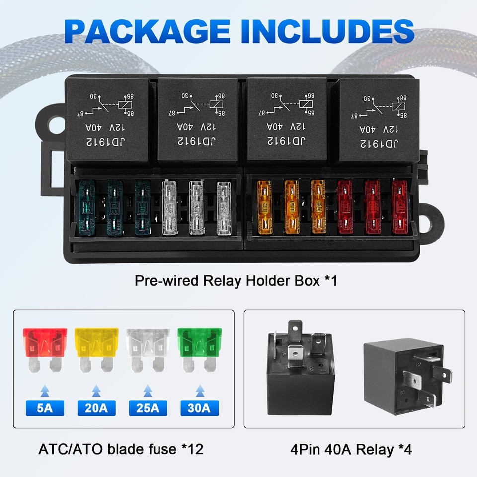 12 Volt Fuse Relay Box Pre-Wired Fuse and Relay Box with 4 Relays and ...