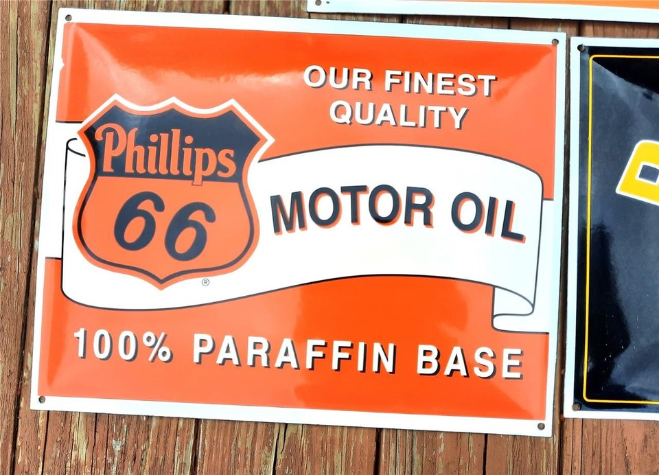 3 PORCELAIN SIGNS PHILLIPS 66 FINEST QUALITY MOTOR OIL & POLLY GAS ...