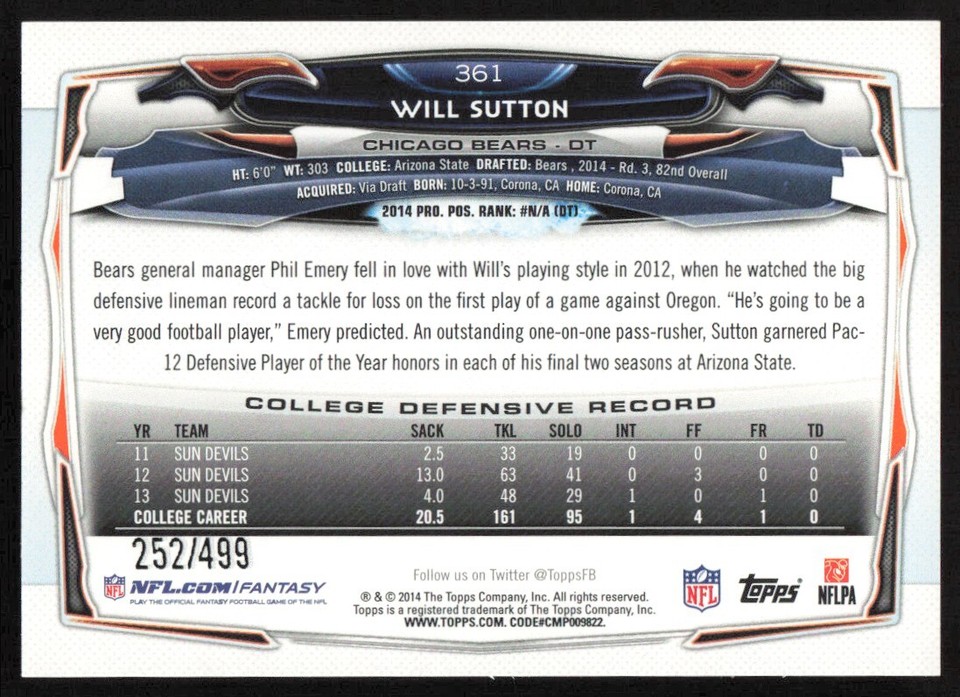 2014 Topps Football Pink 252/499 Will Sutton RC #361 Chicago Bears | eBay