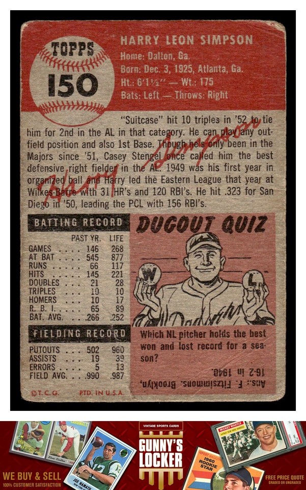 1953 Topps Harry Simpson 150 Cleveland Indians | eBay