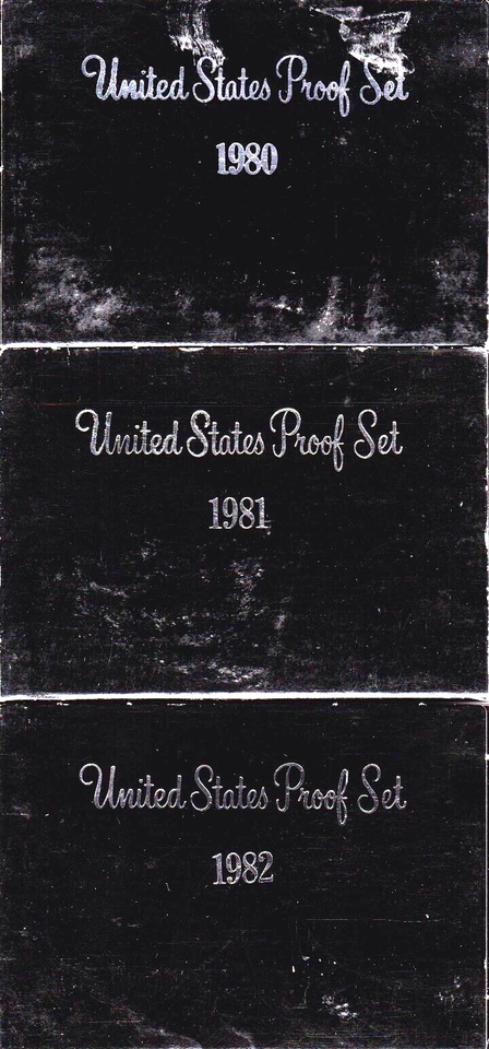 THREE US Mint Proof Sets, 1980-82, 17 coins with original BLACK boxes ...
