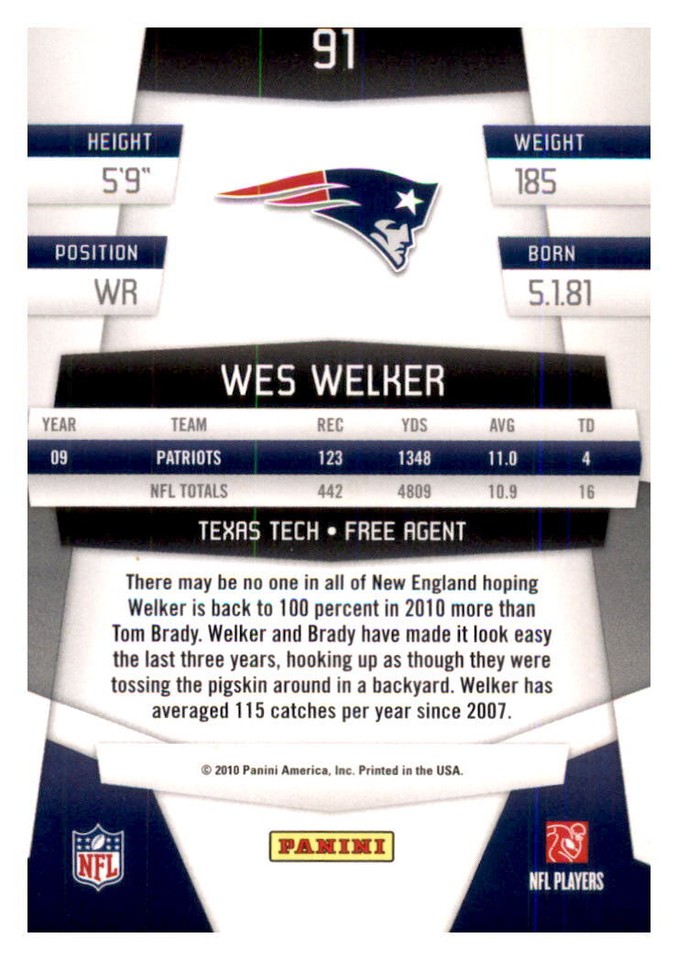 2010 Certified Wes Welker NFL Base Card PWE Set Break Patriots #91 | eBay