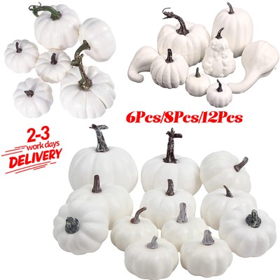 6-12P White Artificial Pumpkins Set Assorted Faux Harvest Pumpkins ...