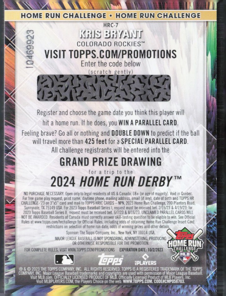 2023 Topps #HRC-7 Kris Bryant Home Run Challenge Series One Colorado ...
