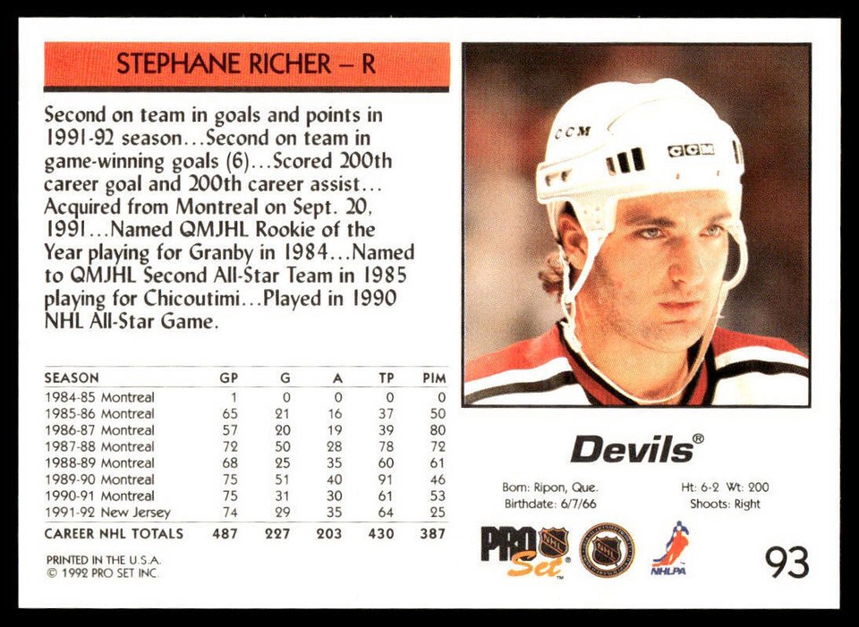 1992-93 Pro Set #93 Stephane Richer New Jersey Devils Hockey Card | eBay
