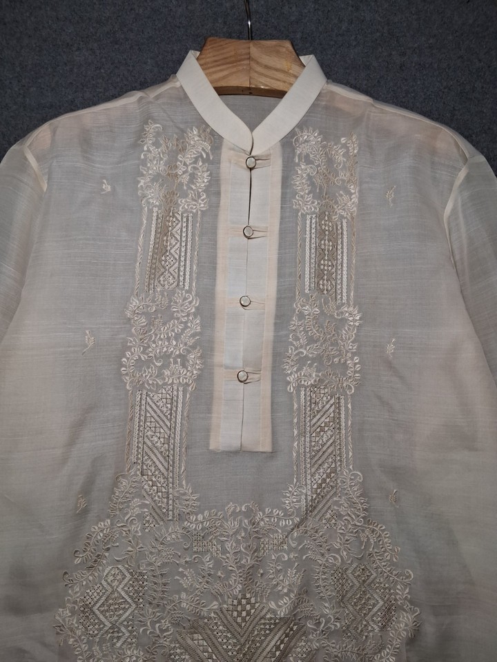 Barong Tagalog Filipino Shirt Mens Size XL Tan Sheer Embroidered Henley ...