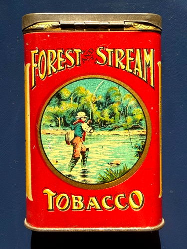 1910's FOREST & STREAM POCKET TOBACCO TIN CAN CANADA FLY FISHING SIGN ...