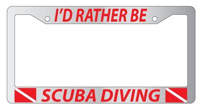 Chrome License Plate Frame I'D RATHER BE SCUBA DIVING (RED) w/FLAGS ...