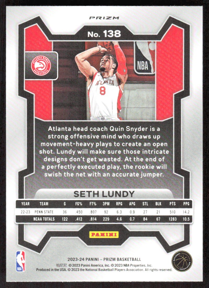 2023-24 10162B Panini Prizm SILVER PRIZM Seth Lundy Rookie Atlanta ...