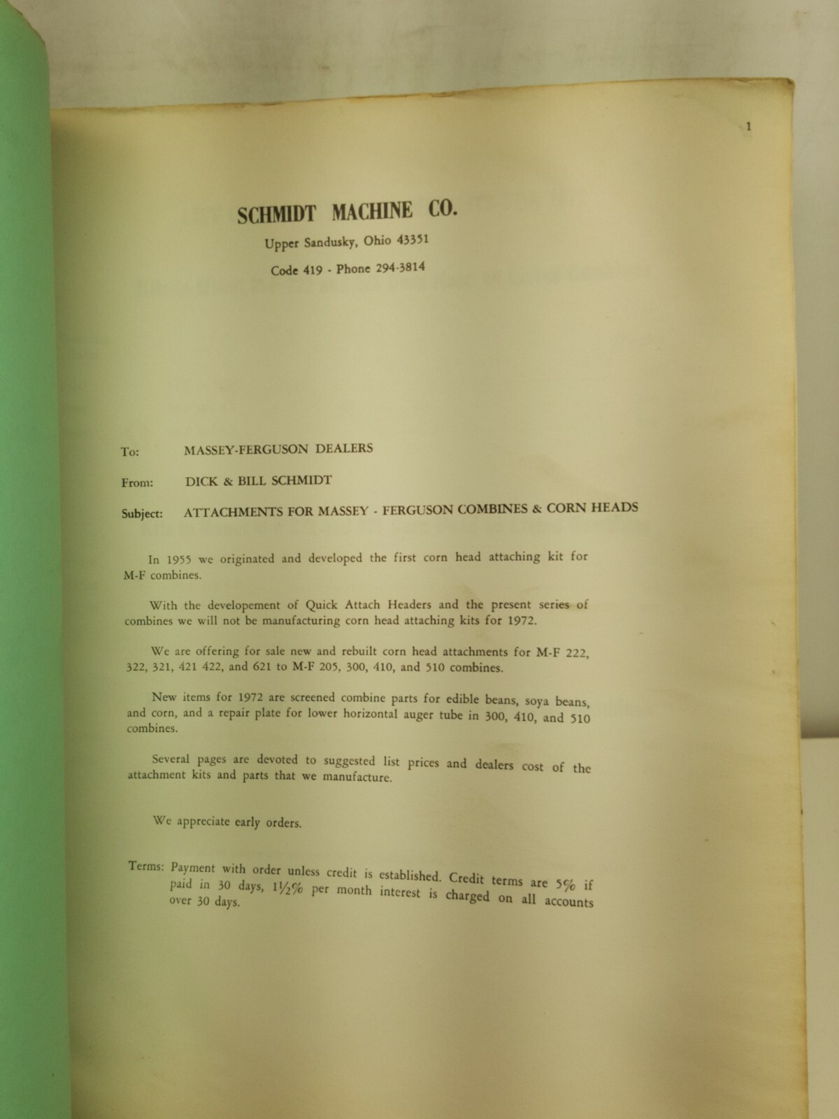 1972 SCHMIDT MACHINE COMPANY PRICE CATALOG [SANDUSKY OHIO] [POOR] STOCK ...