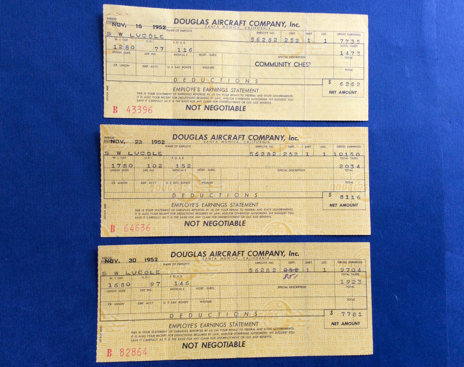 3 Vintage 1952 Douglas Aircraft Co Employee Check Stub Pay Stubs Santa ...