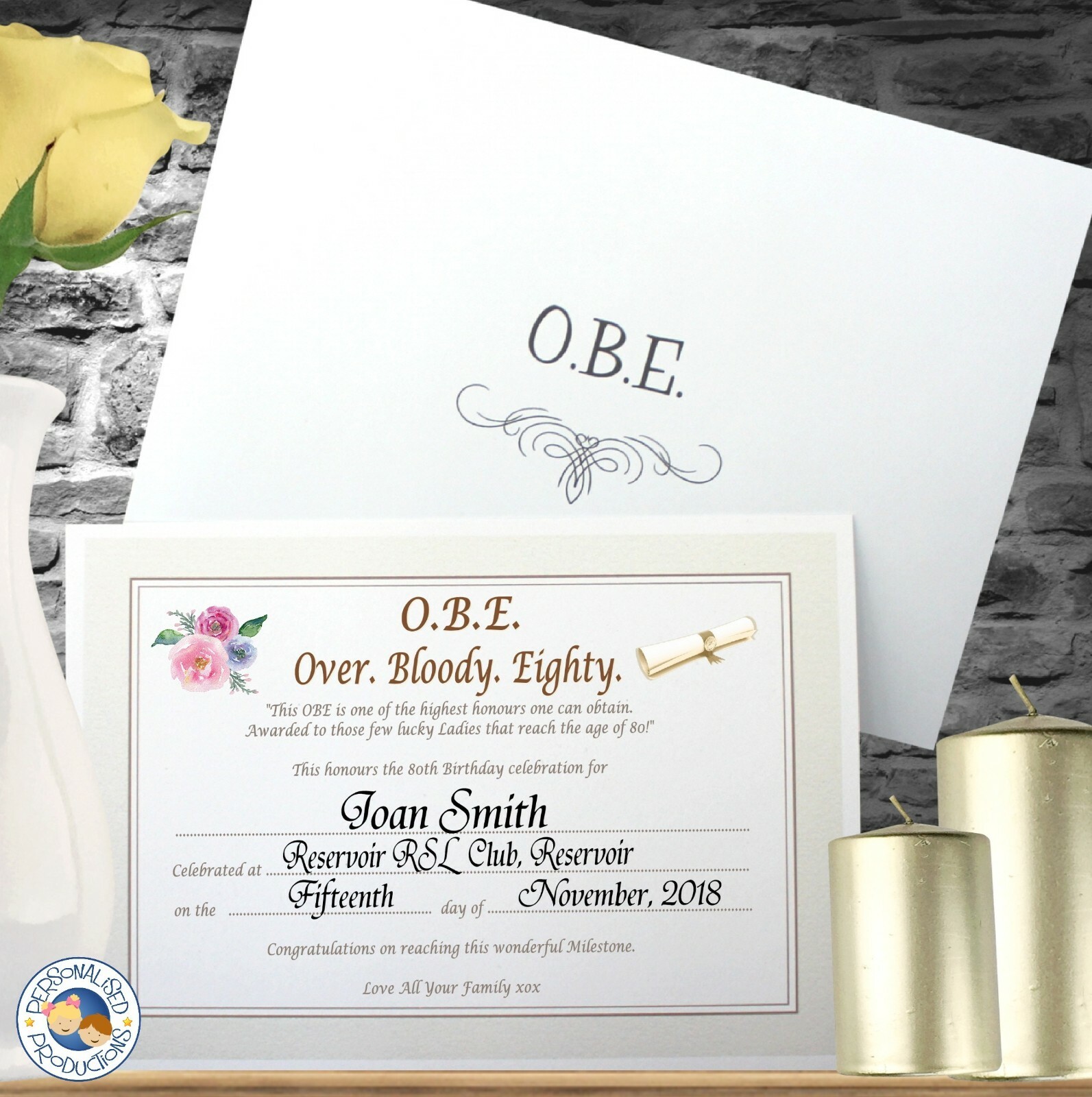 OBE over bloody eighty 80th birthday certificate gift Personalised A5 ...