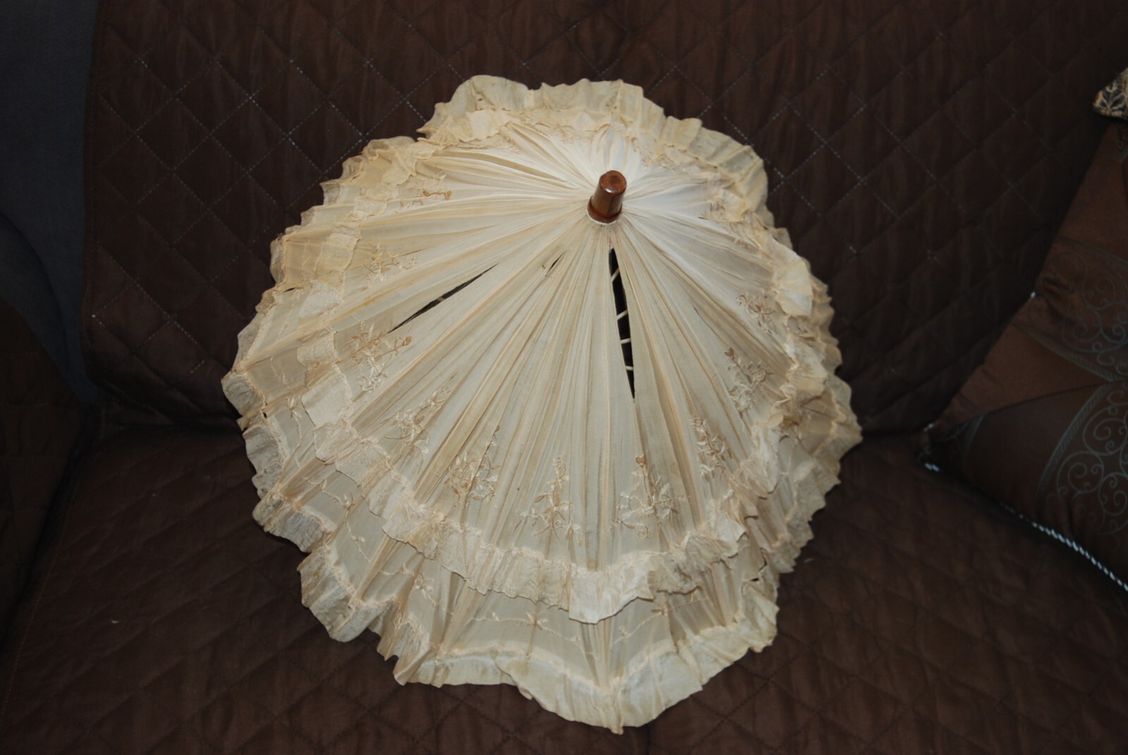 Antique 1800's Garden Lawn Parasol Linen Ruffles Crea… - Gem