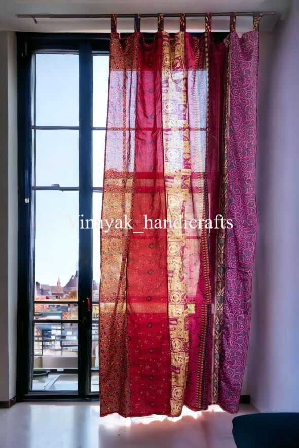 4 Pcs Indian Sari Patchwork Curtain Drape Window Decor Multi Silk Sari ...