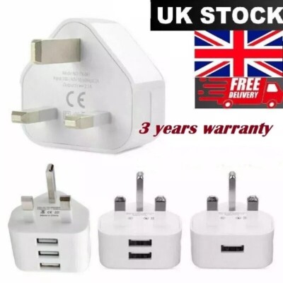 UK 3 Pin Dual USB Plug Adapter Mains Wall Charger 1/2/3-Port For Phones ...