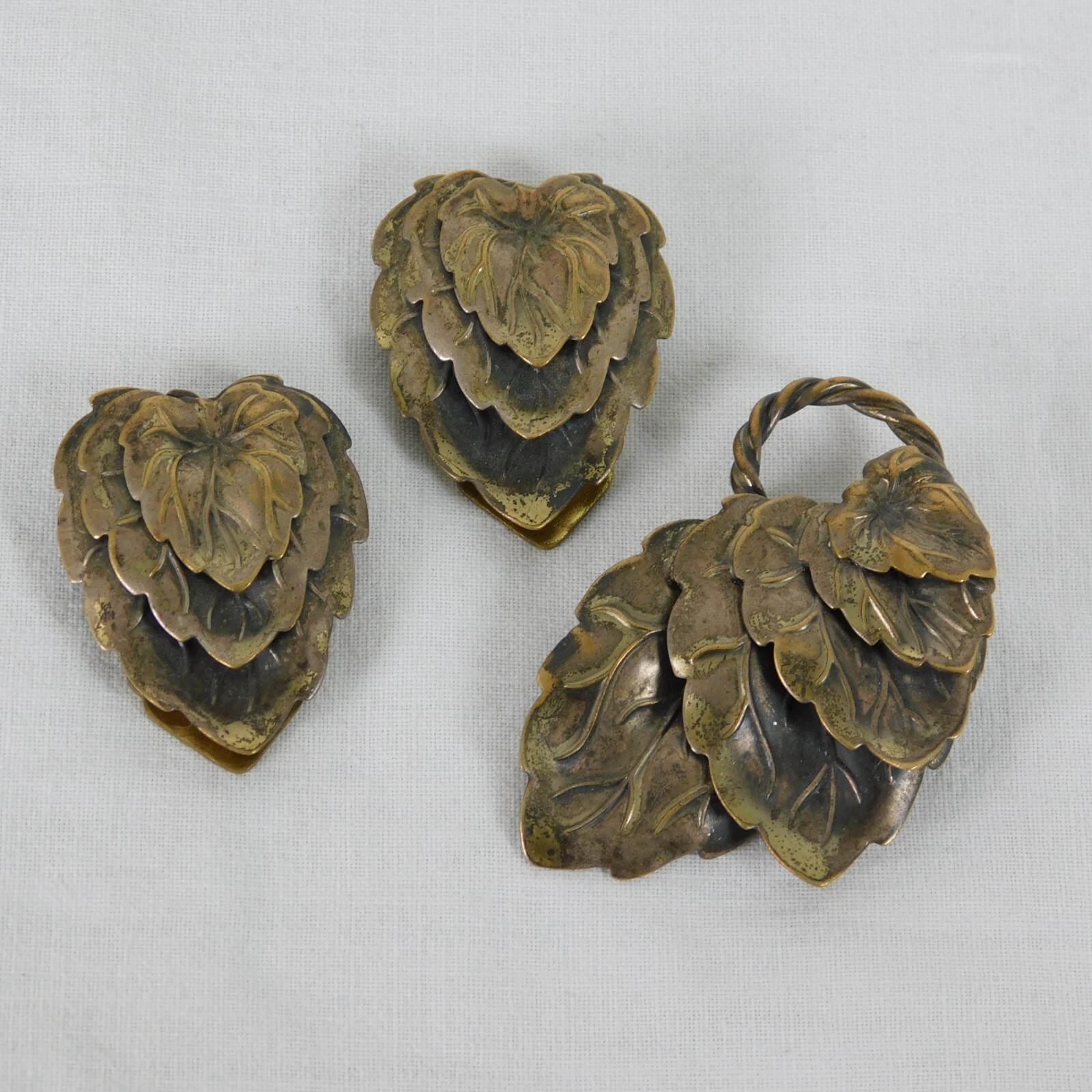 Set of 3 Layered Leaves Leaf Brass Tone Metal Vintage Dress Scarf Clips ...