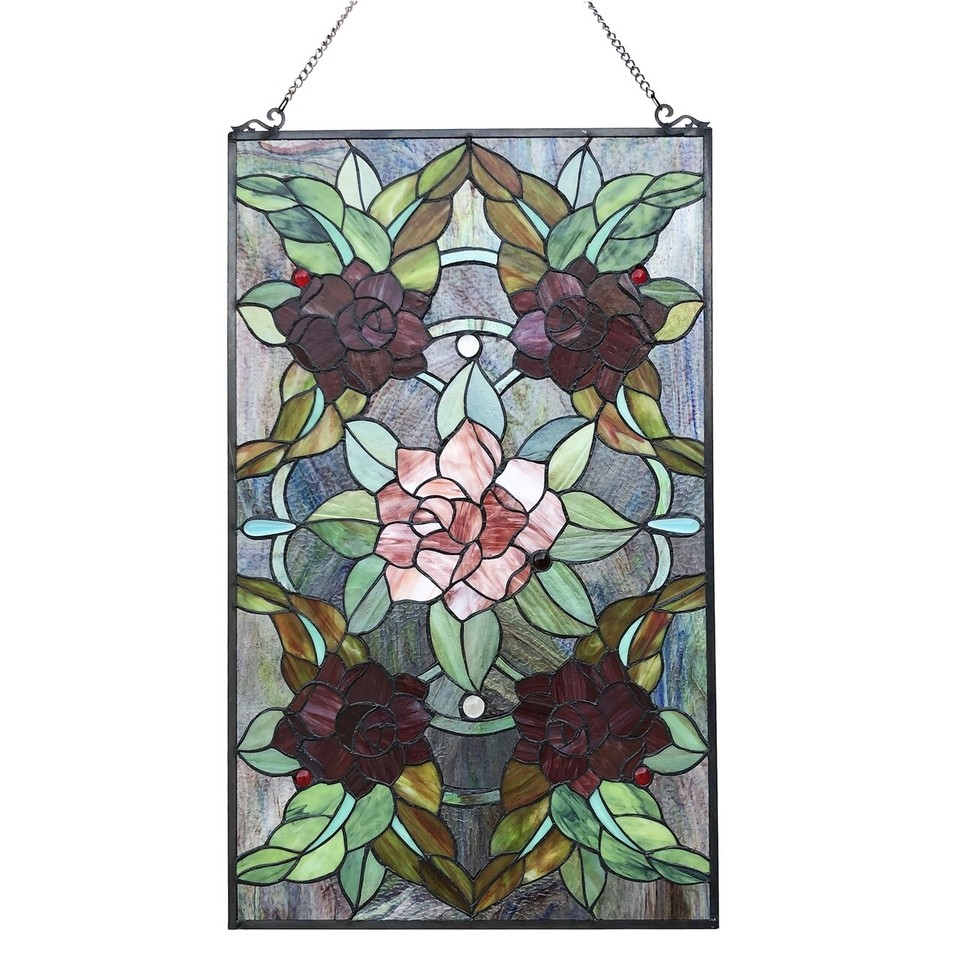 Stained Glass Tiffany Style Window Panel Rose Flower Floral Design 32"H ...