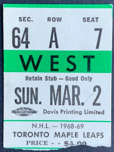 1969 Vintage NHL Hockey Ticket Stub Toronto Maple Leafs vs Chicago ...