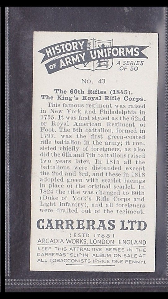 60TH RIFLES (1843) - 80 + year old English Tobacco Card # 43 | eBay