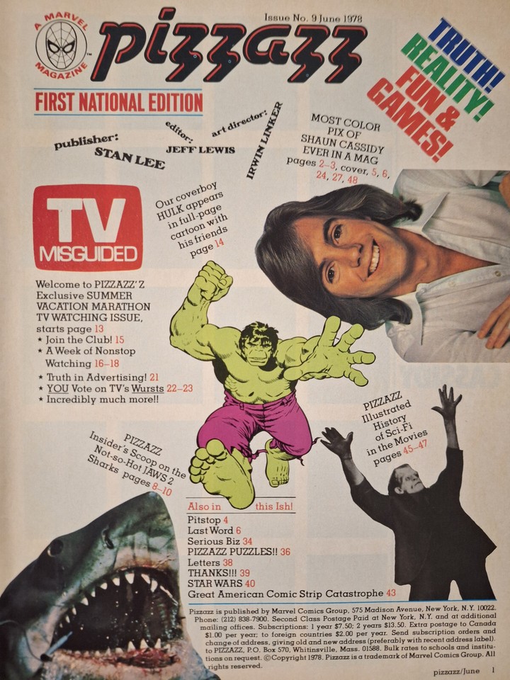 Pizzazz Marvel Magazine #9 (June 1978) Shaun Cassidy/Star Wars/Jaws ...