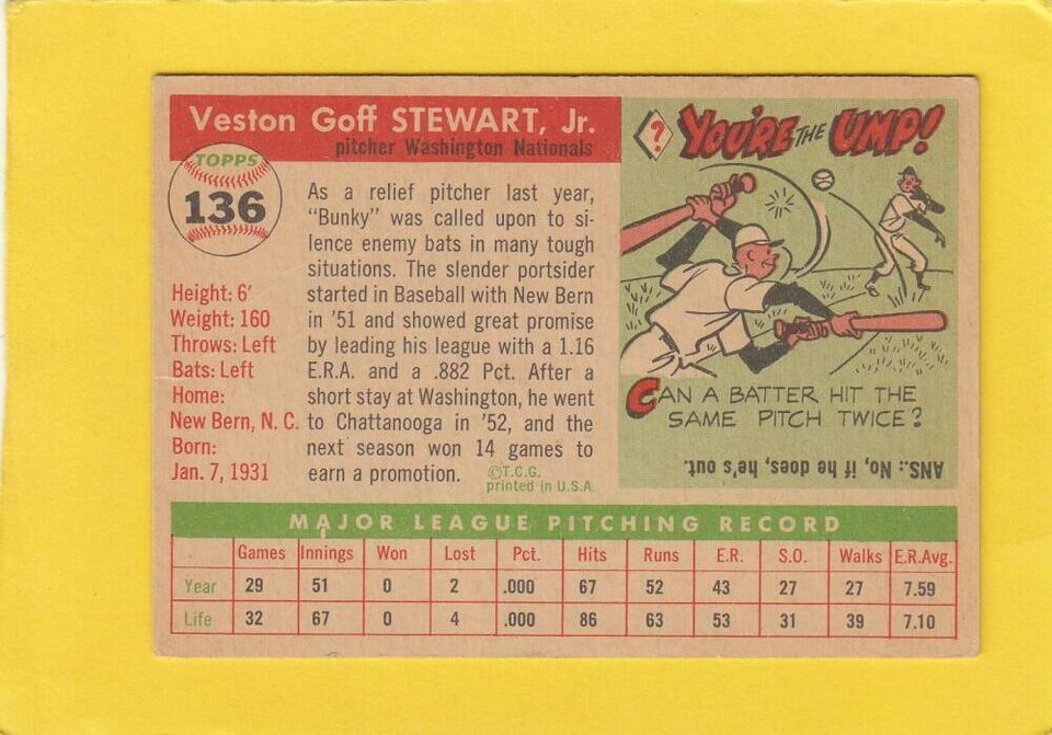 1955 Topps #136 Bunky Stewart Washington Senators VG Very Good RC Lot ...
