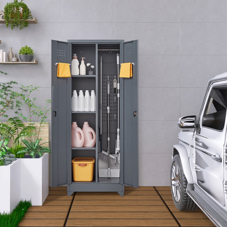 Metal Broom Storage Cabinet, Broom Closet with Pegboard and Hanging Rod ...