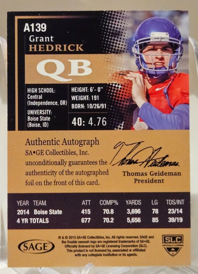 2015 Sage HIT GRANT HEDRICK #A139 Rookie Auto | eBay