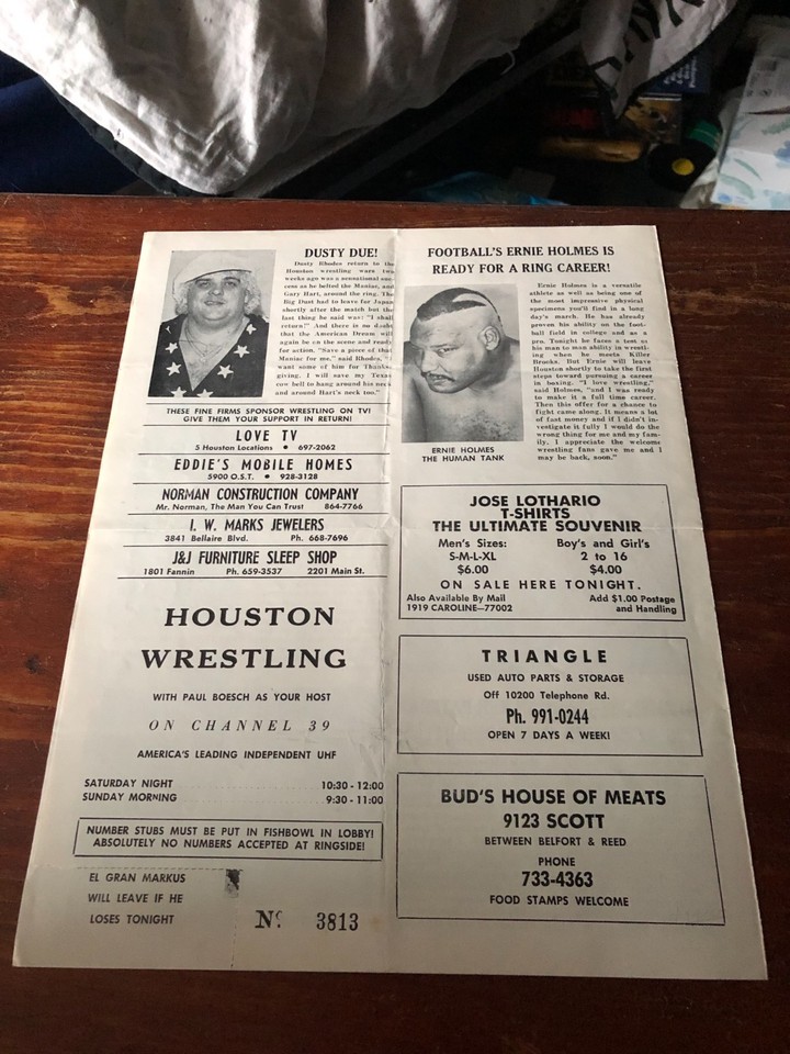 Vintage 11/02/1979 Houston, TX Paul Boesch Wrestling Program NWA/AWA ...