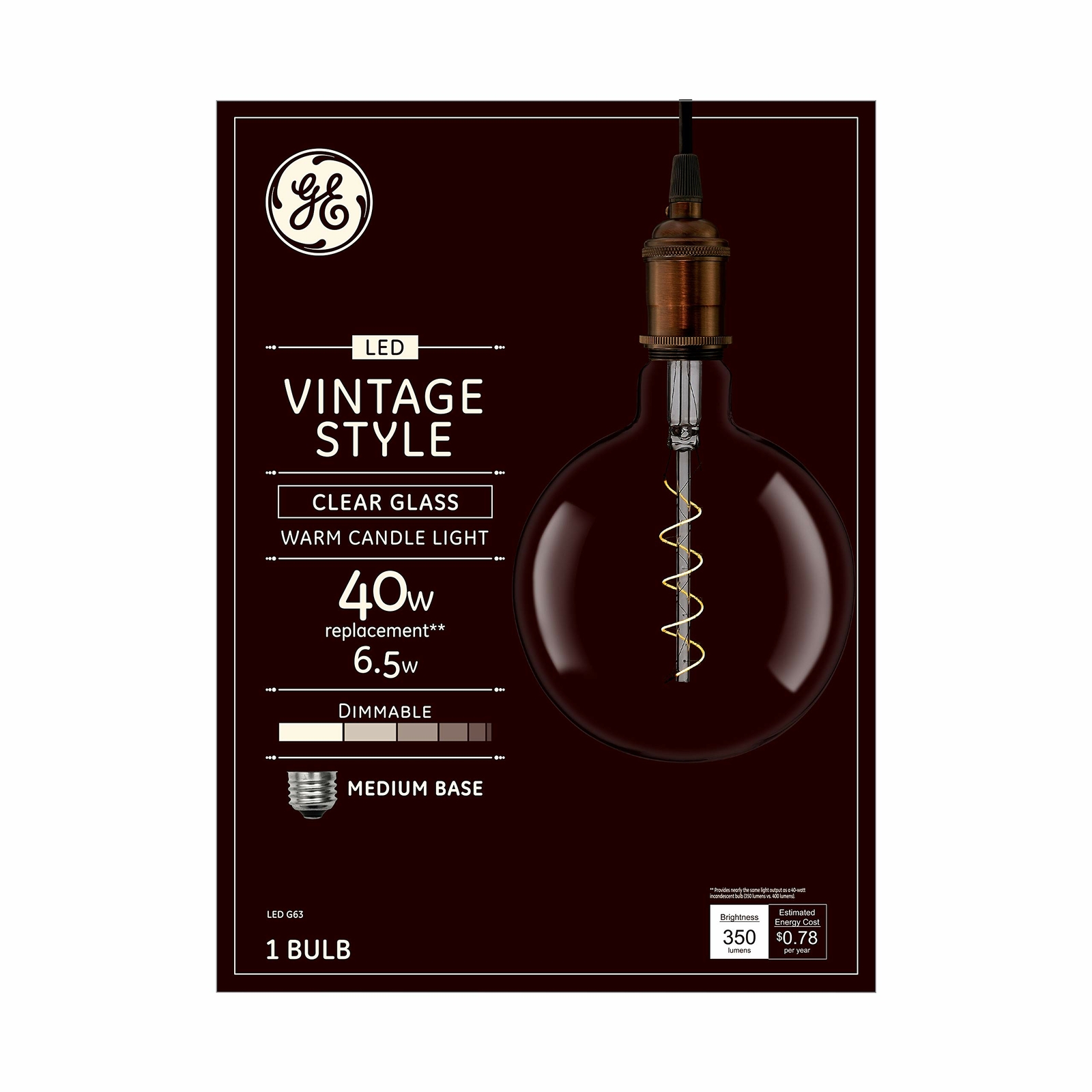 GE Globe LED Vintage Light Bulb, Spiral G63 Clear Glass LED Edison Bulb ...