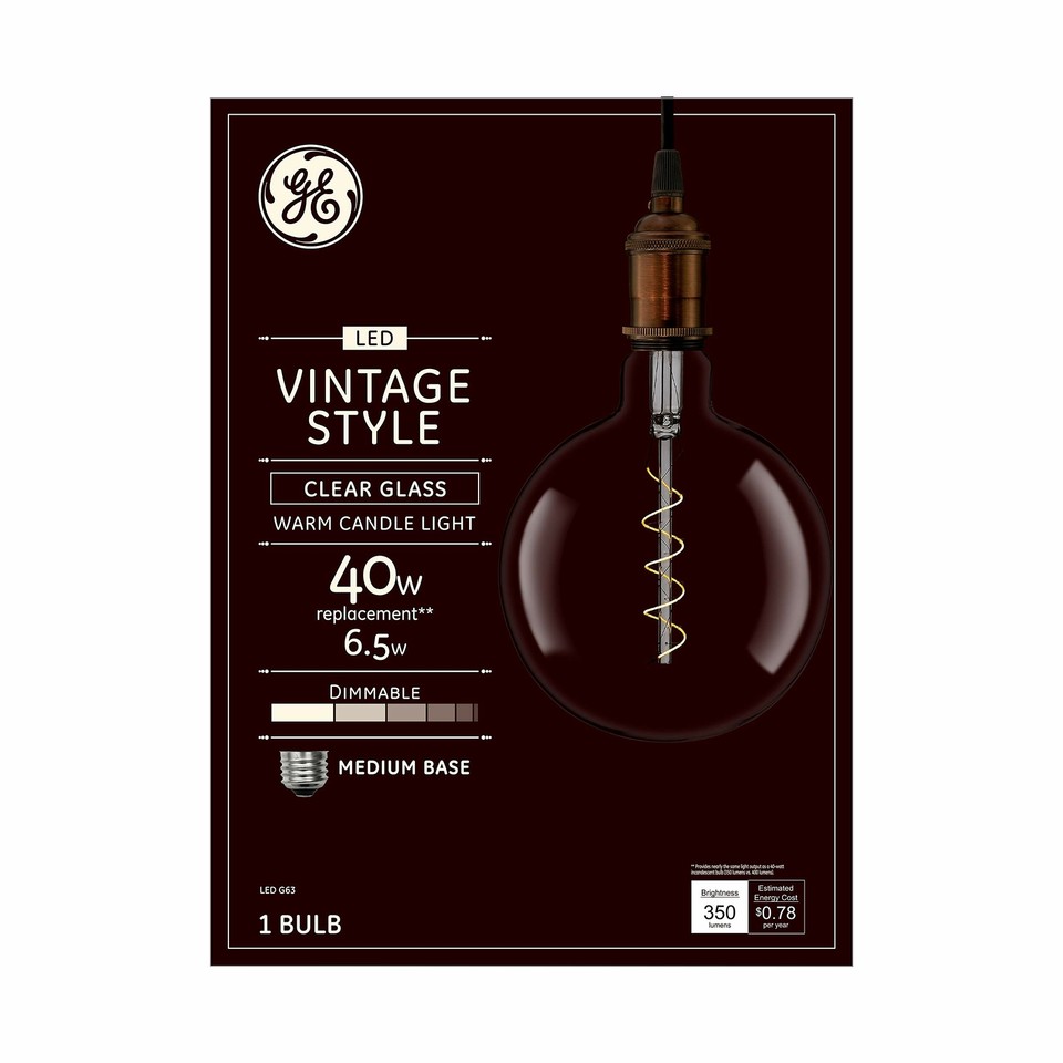 GE Globe LED Vintage Light Bulb, Spiral G63 Clear Glass LED Edison Bulb ...