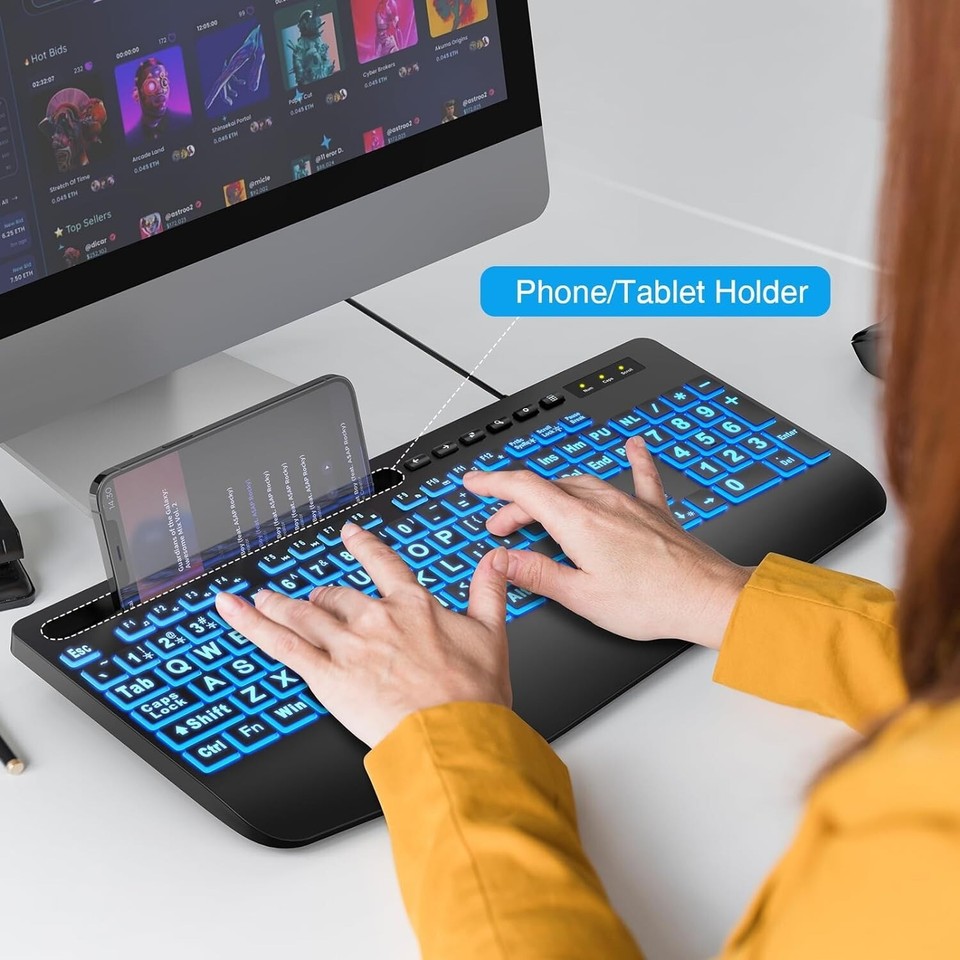 SABLUTE Large Print Backlit Keyboard Black | 7-Color USB Wired | Wrist ...