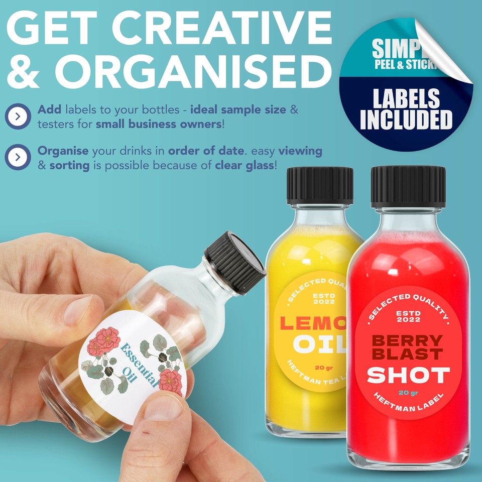 HEFTMAN Mini Glass Bottles 60ml Label Ginger Shot Bottle Juice Oil ...