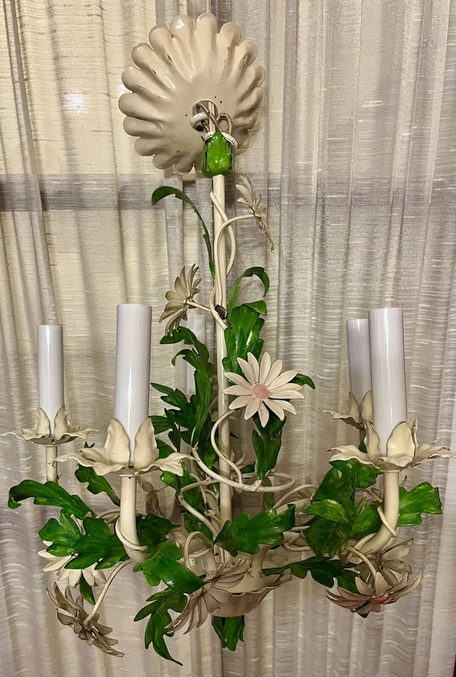 Vintage TOLE Metal Daisy Flower Light FIXTURE Chandelier 5 Arms 14 ...