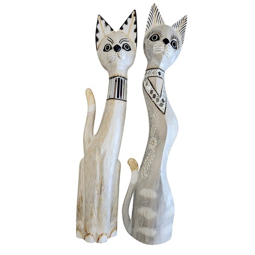 Set 2 Carved Tall Cat Wood Teak Figures White Mirrored Tile Hobo Hippy ...