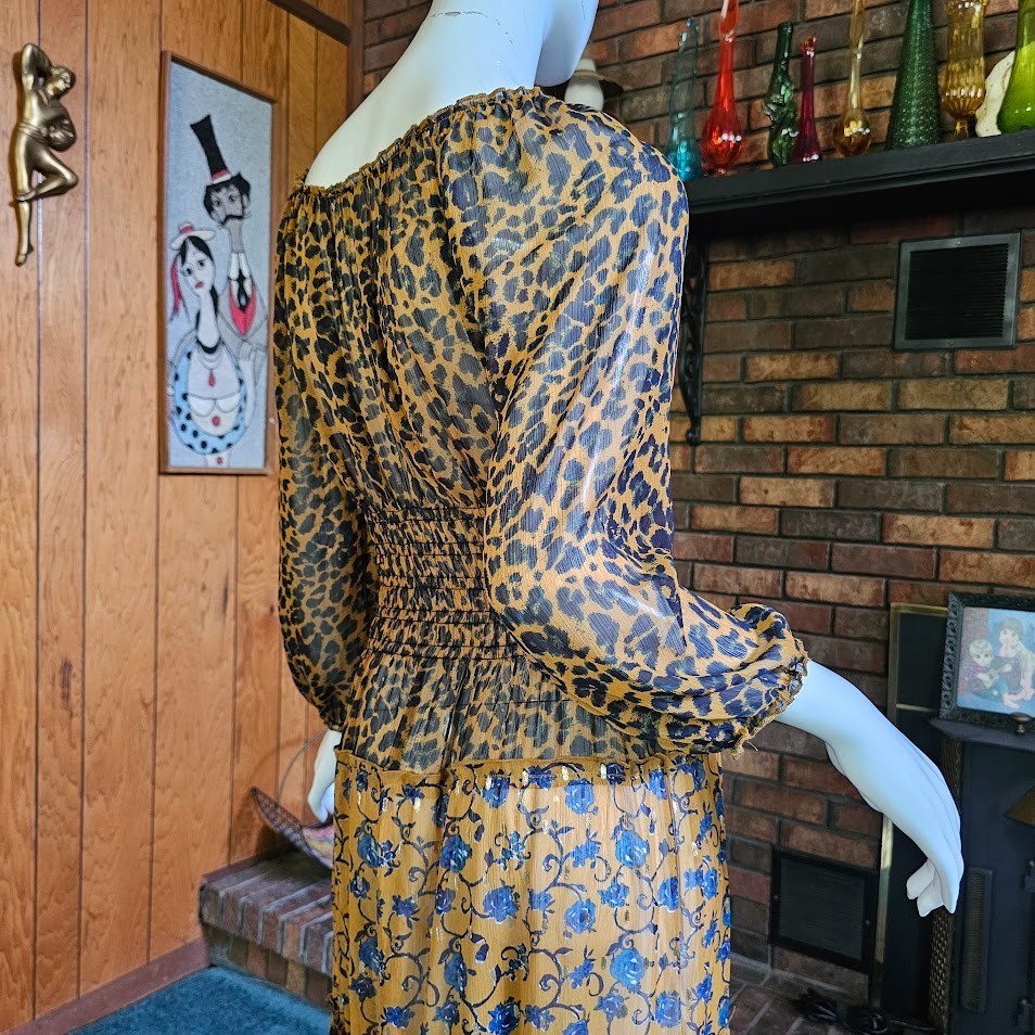 Anthropologie Fig & Flower Sheer Tiered Gold Ethnic Print Smocked Midi ...